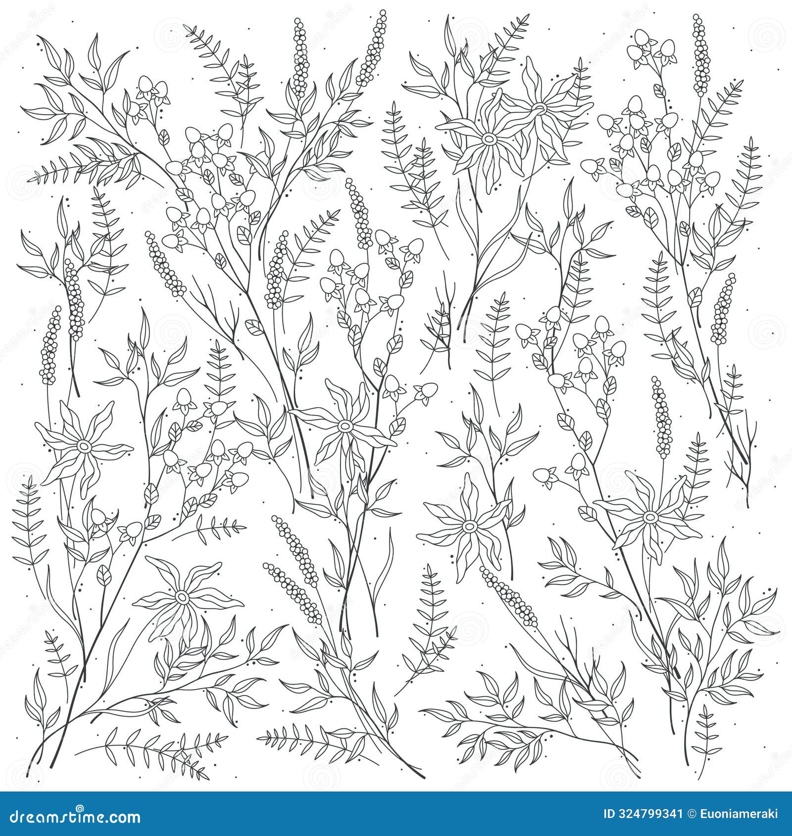 Autumn Fall Flower and Berries in Decorative Foliage Drawing Stock ...
