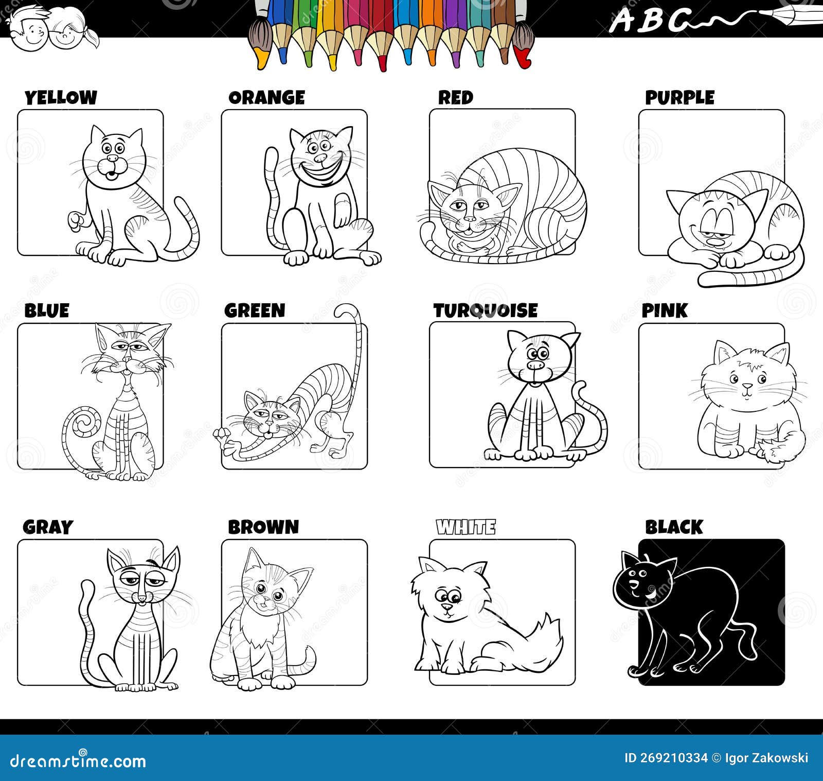 Basic Colors with Cats Characters Set Coloring Page Stock Vector ...