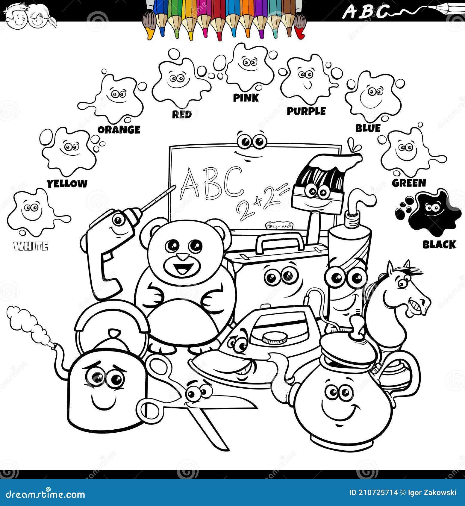 Basic Colors Color Book with Object Characters Stock Vector ...