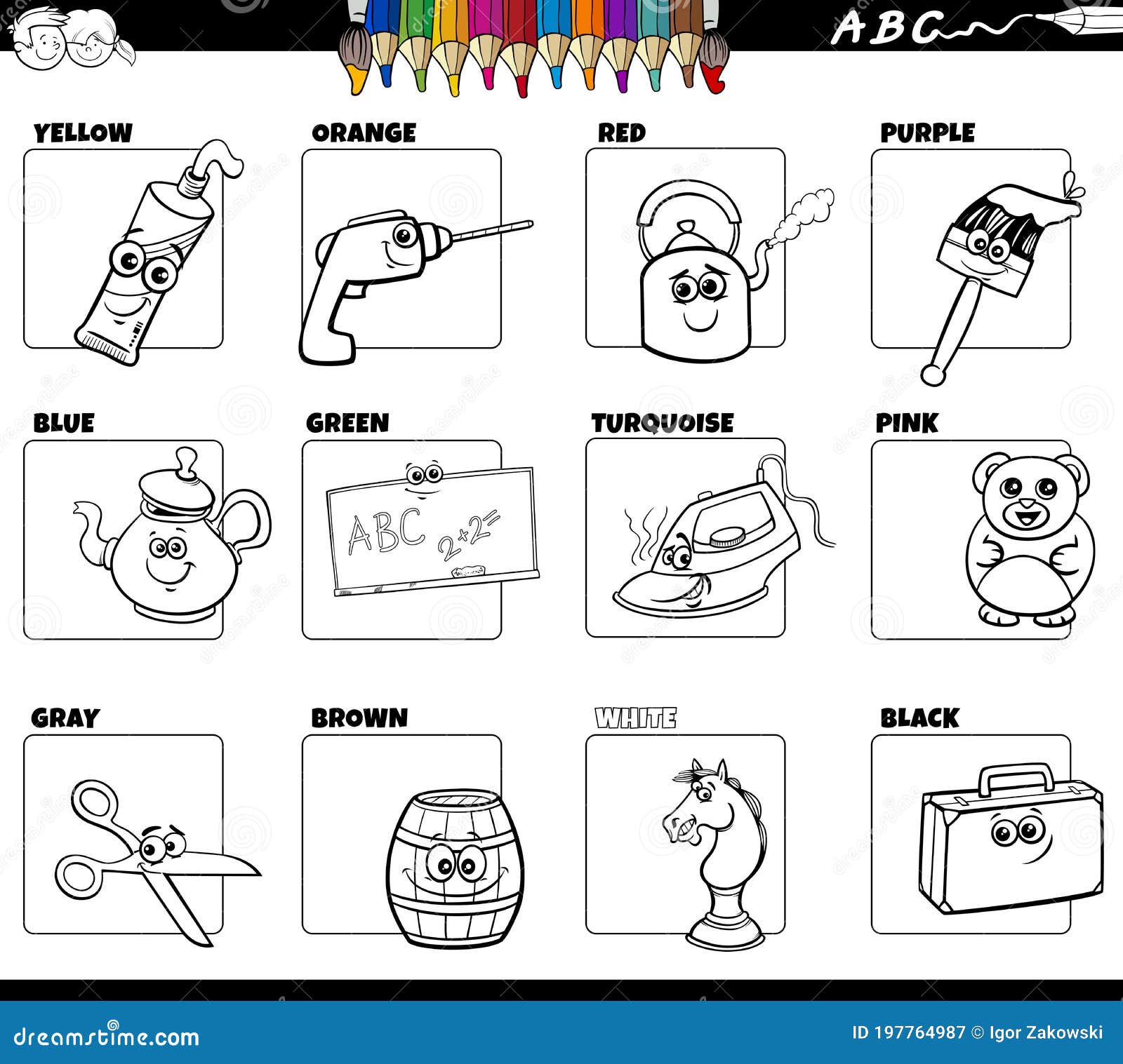 Basic Colors with Objects Set Coloring Book Page Stock Vector ...