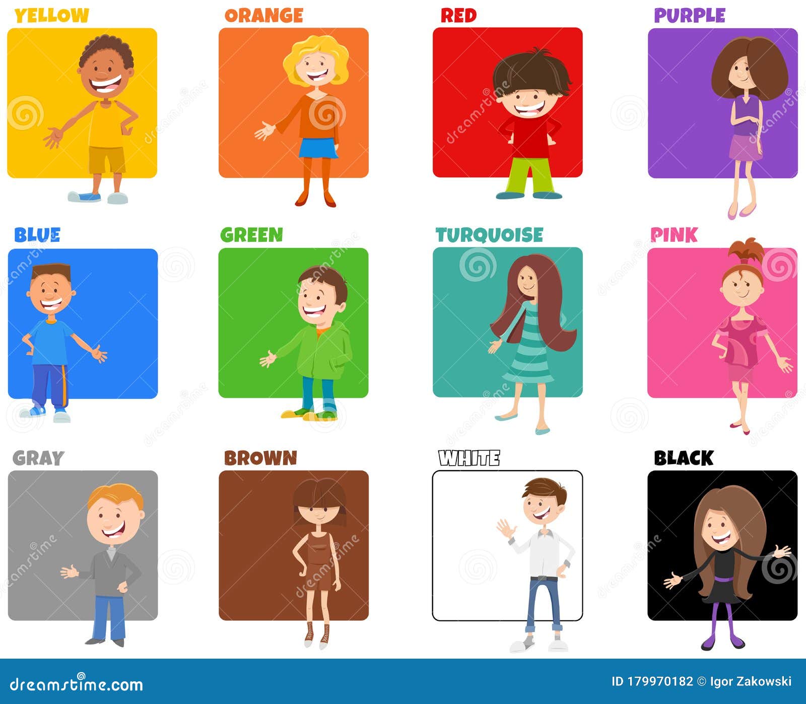 Basic Colors Set with Cartoon Children Characters Stock Vector ...