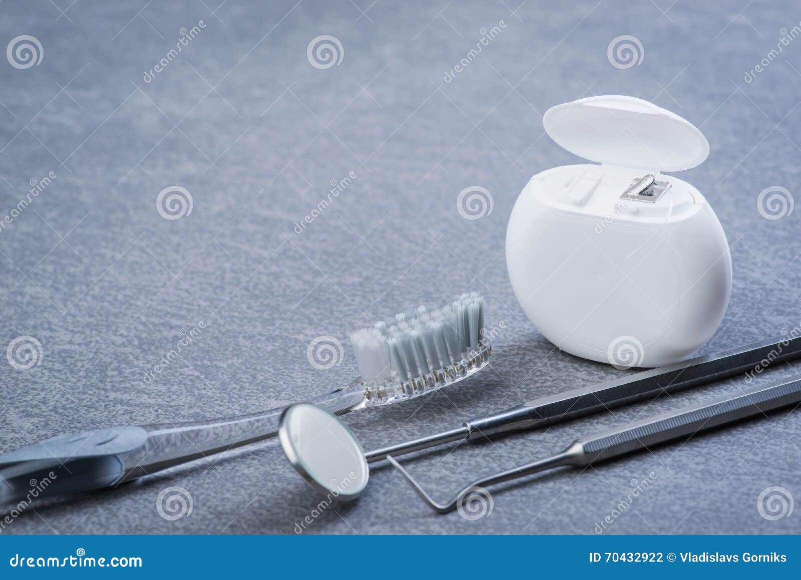 Basic Dental Tools, Floss and Brush on Grey Surface Stock Photo - Image ...