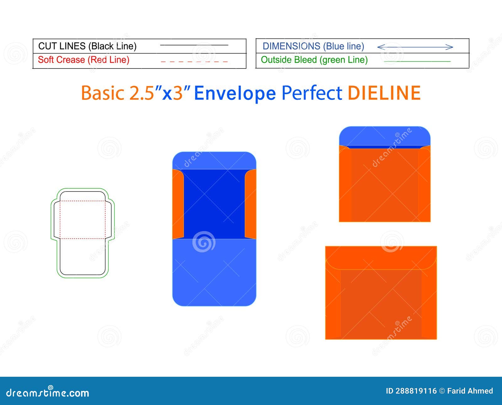 Basic Envelope 2.5x3 Inche Dieline Template And 3D Envelope Editable ...