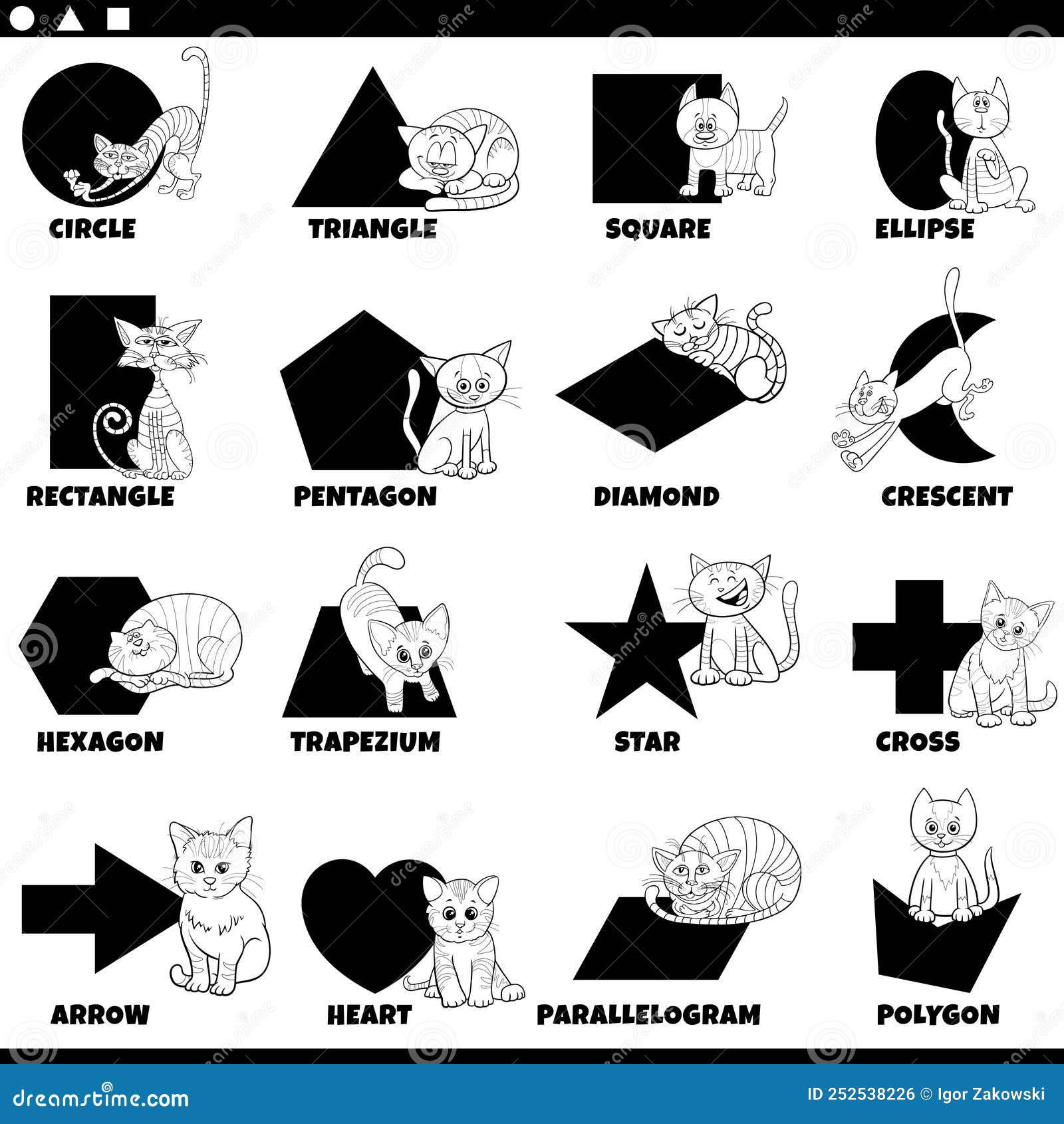 Basic Geometric Shapes with Comic Cats Coloring Page Stock Vector ...