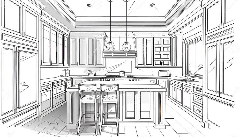 Basic Home Kitchen Center Island, Sketch Line Art, Front View Stock ...