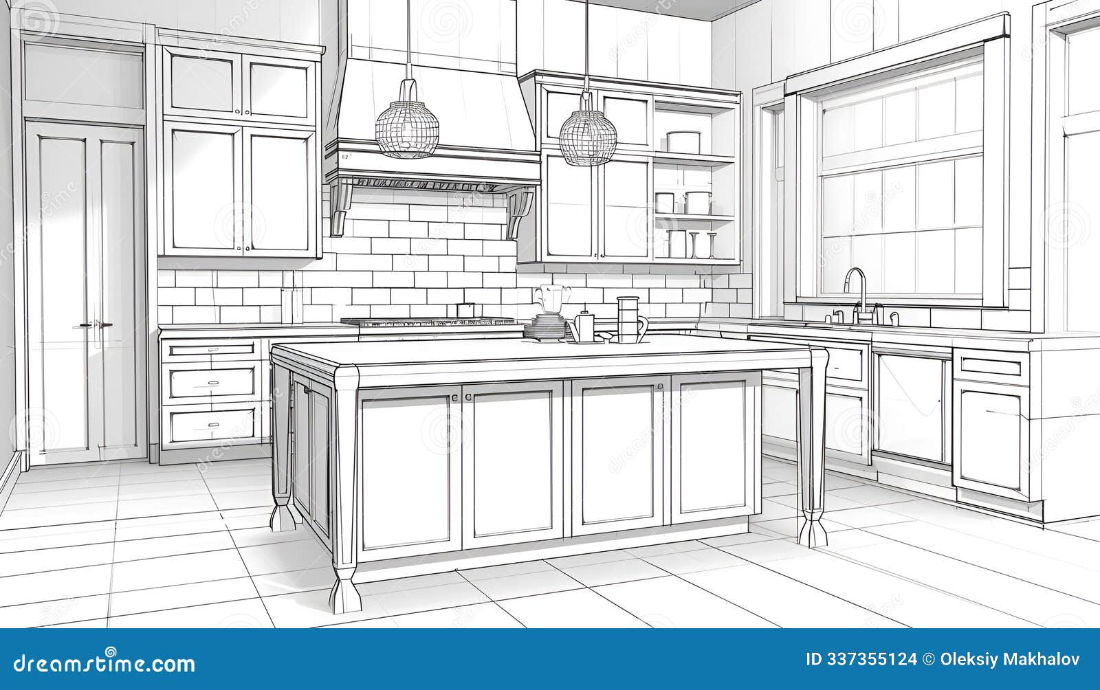 Basic Home Kitchen Center Island, Sketch Line Art, Front View Stock ...