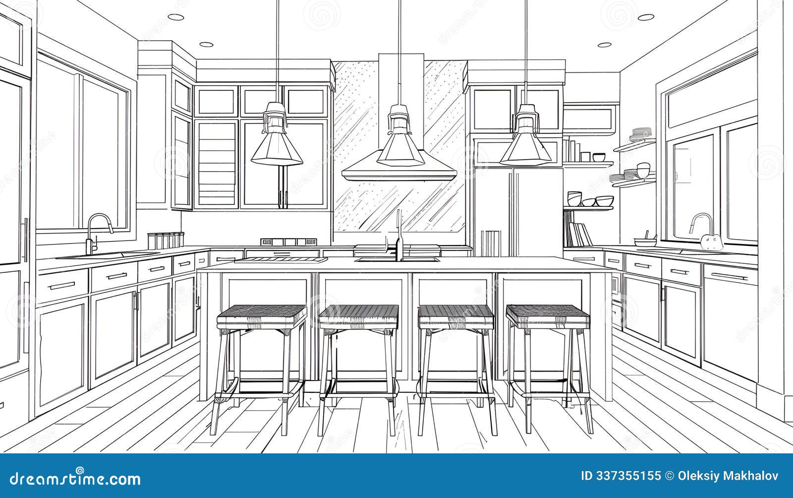 Basic Home Kitchen Center Island, Sketch Line Art, Front View Stock ...