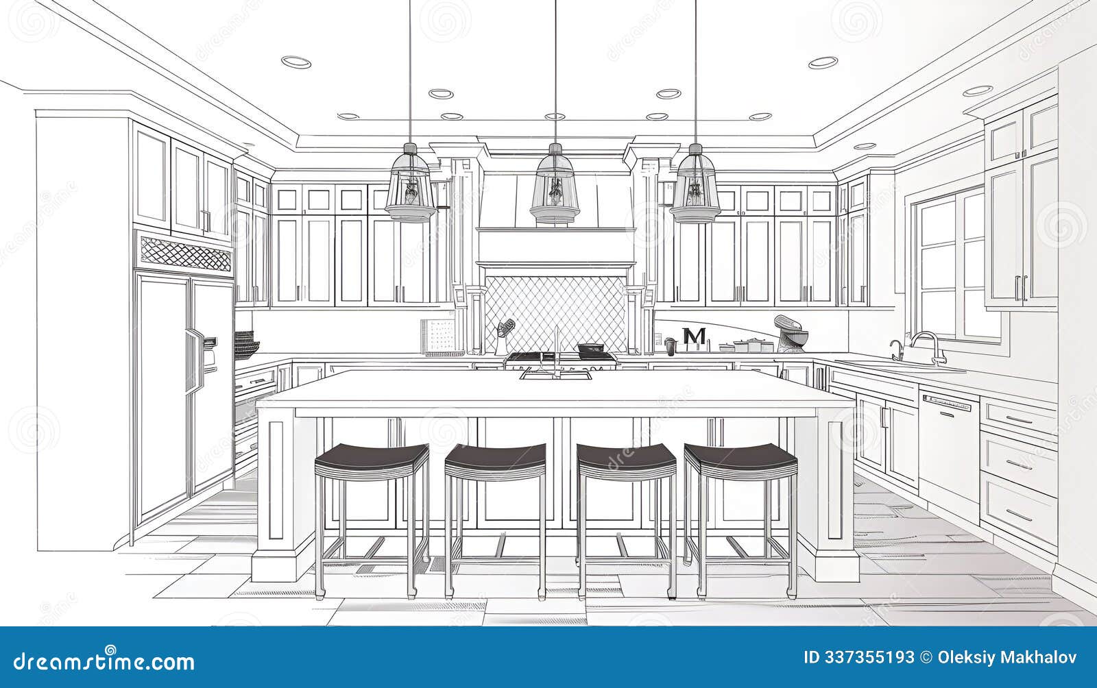 Basic Home Kitchen Center Island, Sketch Line Art, Front View Stock ...