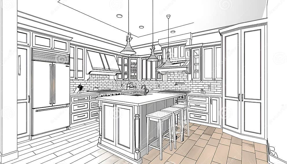Basic Home Kitchen Center Island, Sketch Line Art, Front View Stock ...