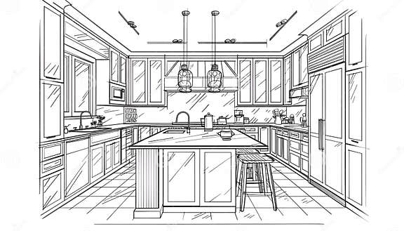 Basic Home Kitchen Center Island, Sketch Line Art, Front View Stock ...