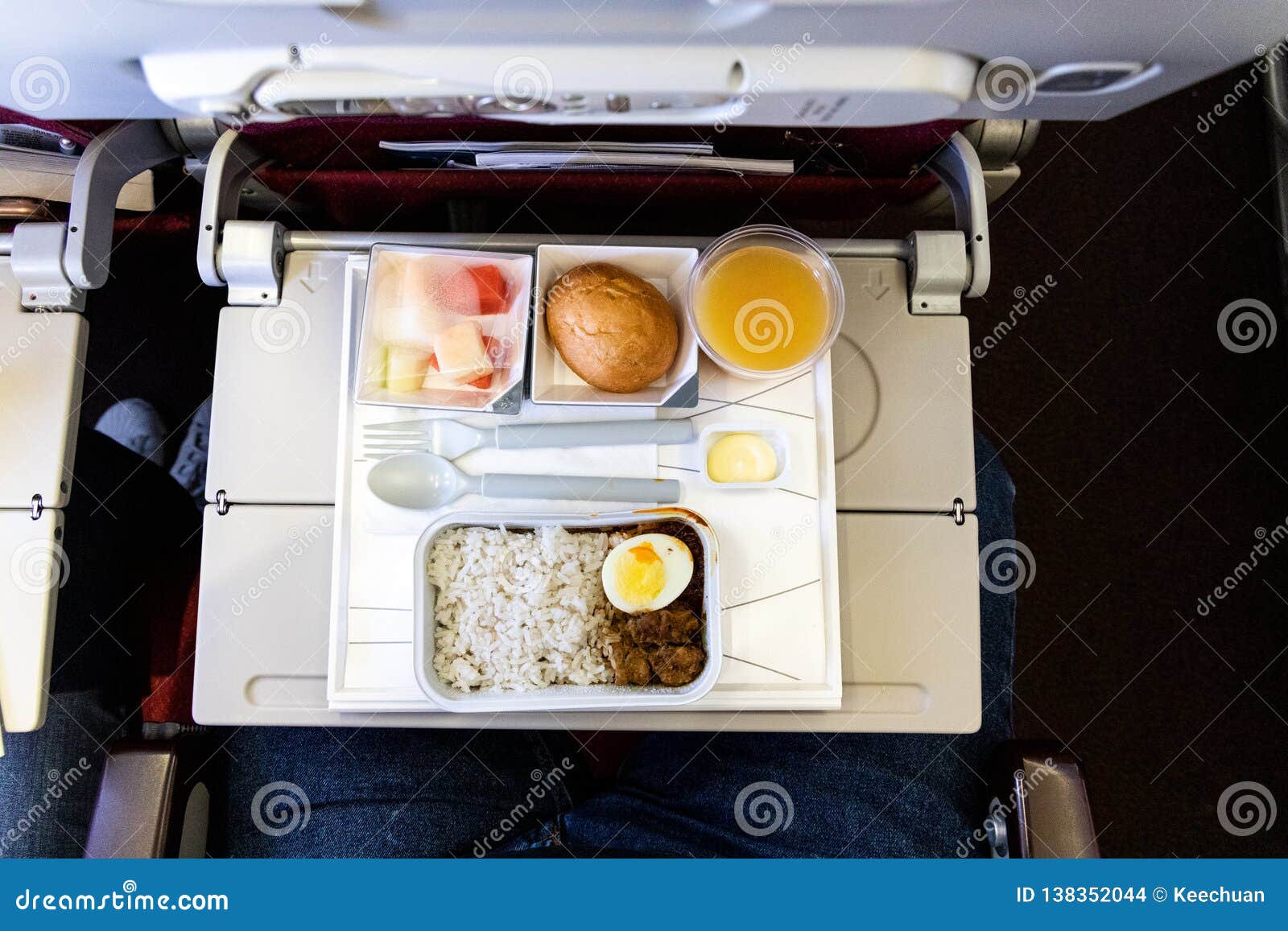 Basic Inflight Meal Consisting Rice, Egg, Beef Curry, Bread, Juice ...