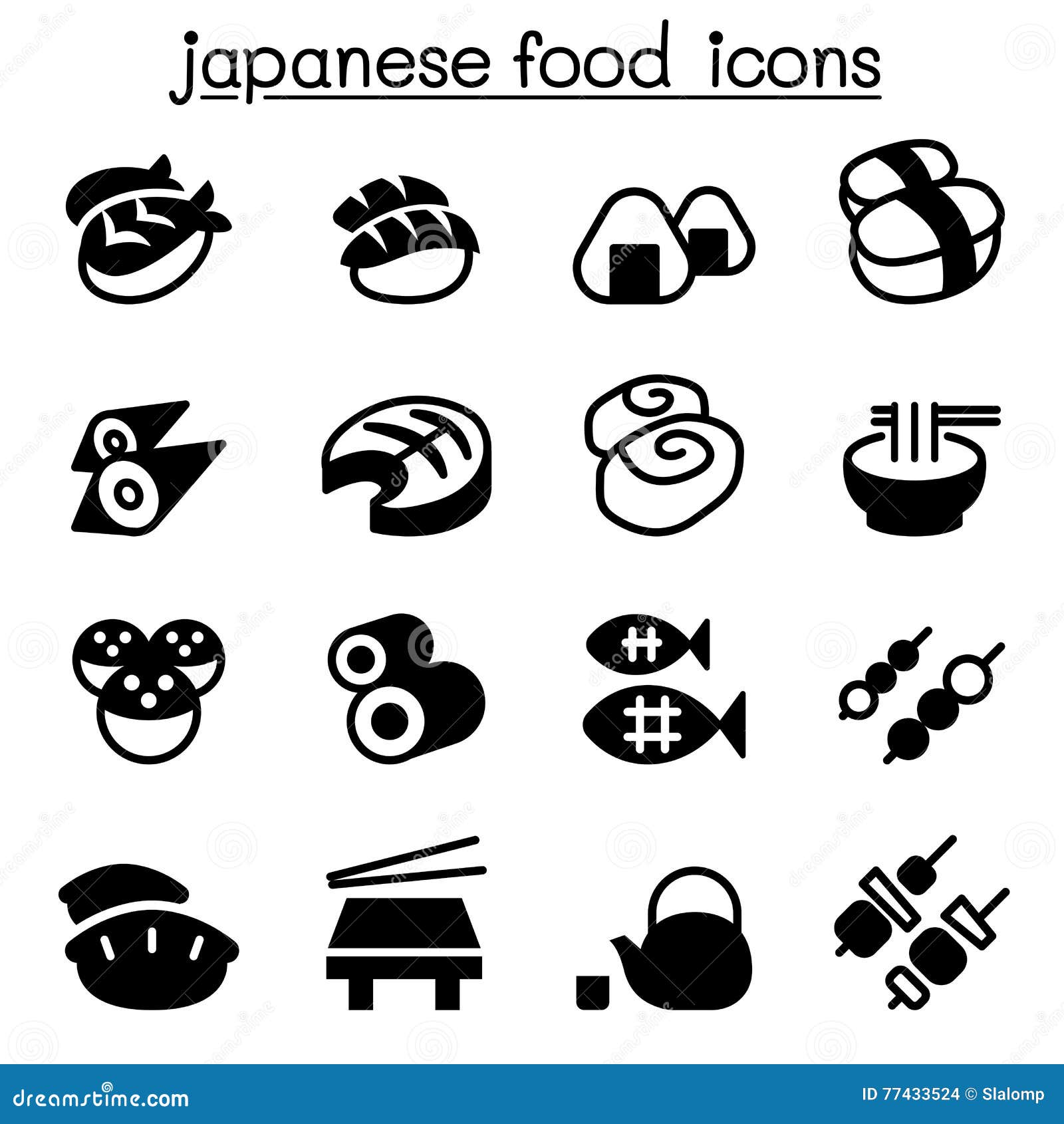 Basic Japanese Food Icons Set Stock Vector - Illustration of moji, maki ...
