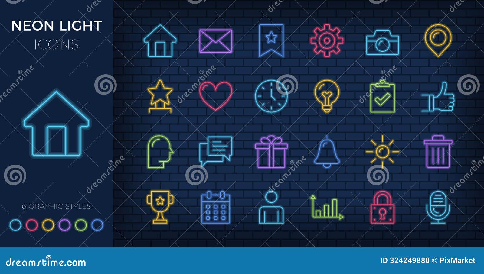 Basic Line Icons - Neon Light Style Stock Illustration - Illustration ...