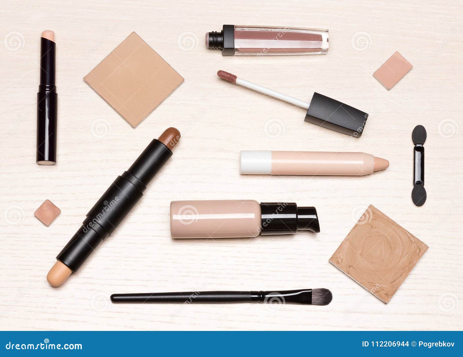 Basic Makeup Cosmetic Products on Light Wood Table Flat Lay Stock Photo ...