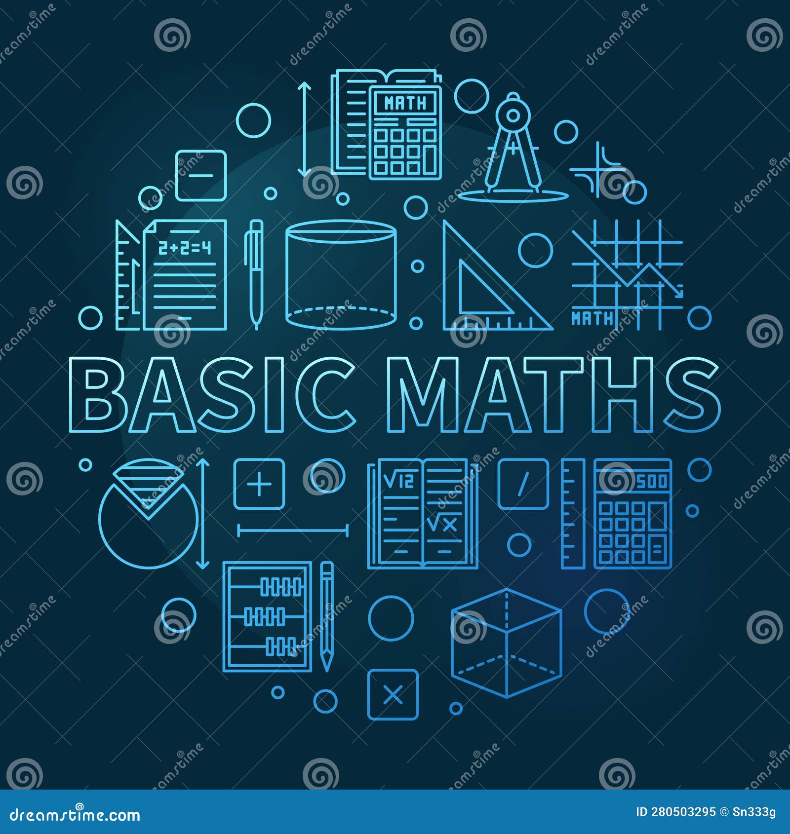 Basic Maths Concept Vector Thin Line Circular Blue Banner. Math ...
