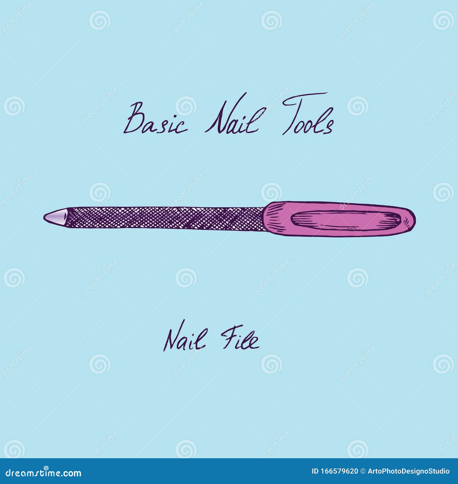 Basic Nail Tools, Pink Nail File, Hand Drawn Doodle Sketch with ...