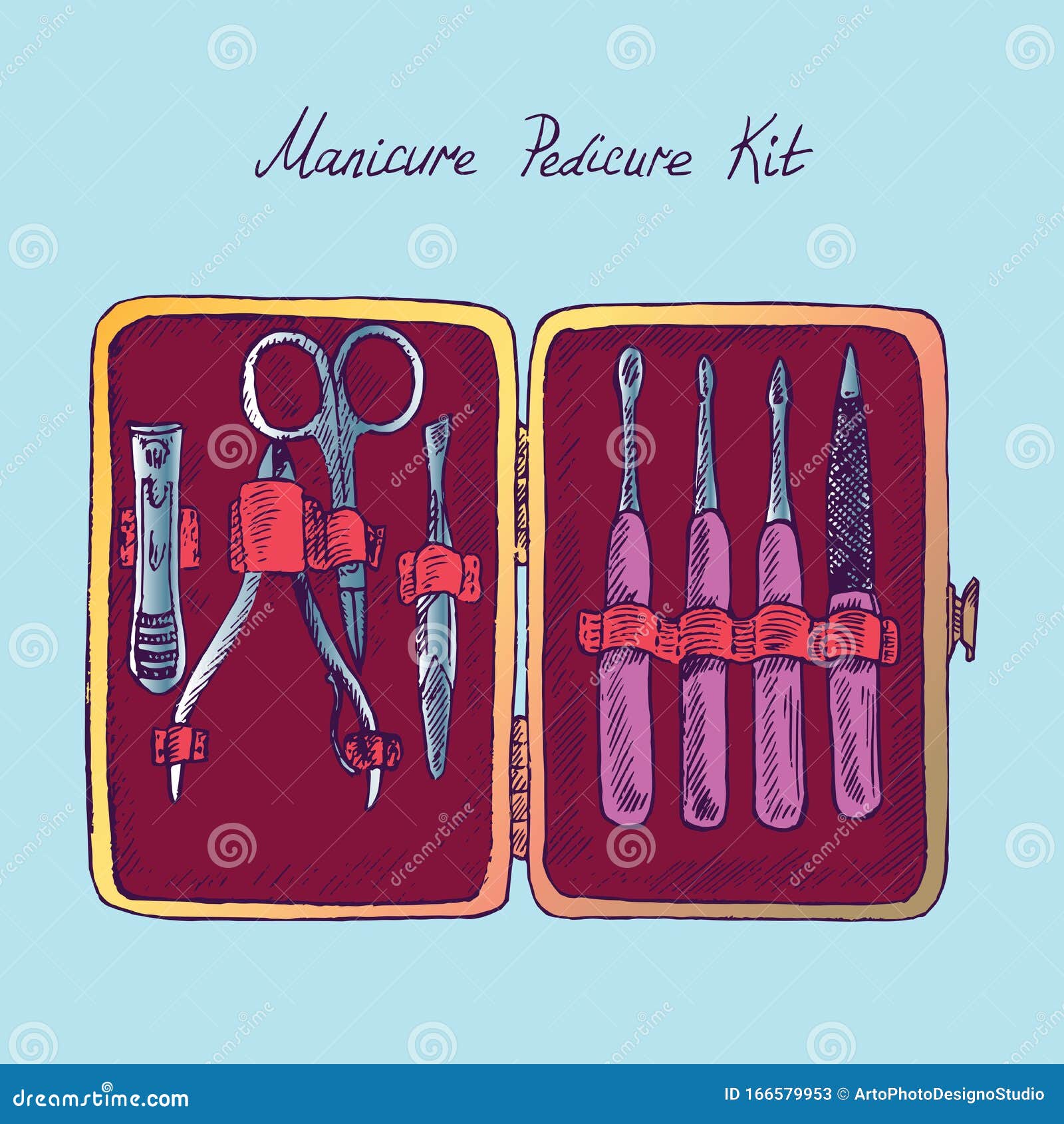 Basic Nail Tools, Red Classical Manicure, Pedicure Kit, Hand Drawn ...