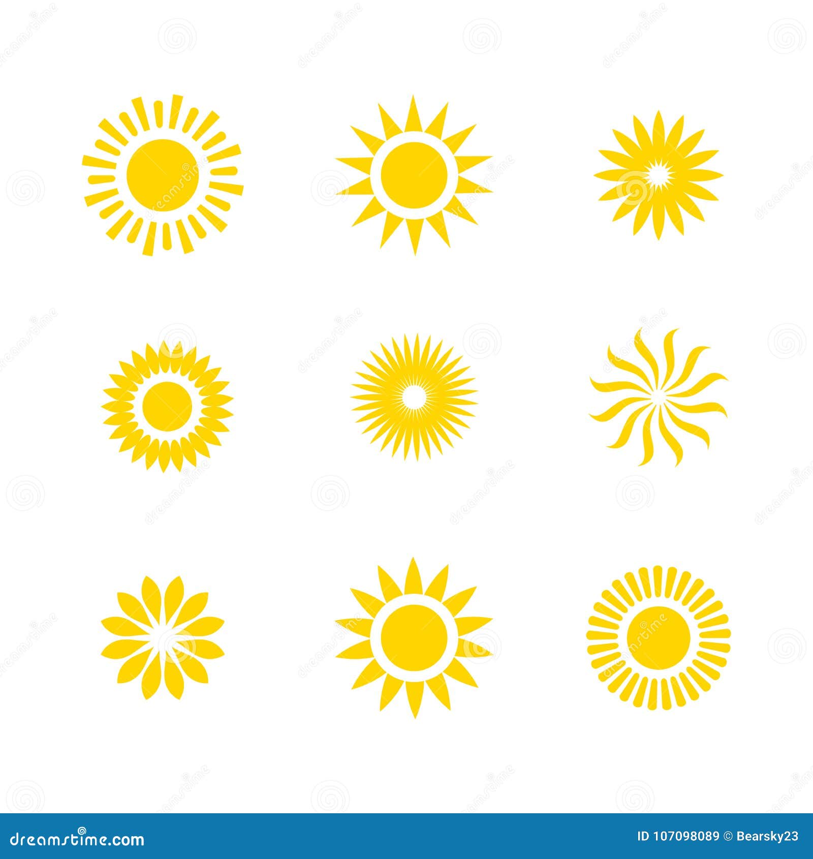 Basic or Normal Sun Icon Set W Shining Rays of Sun Stock Vector ...