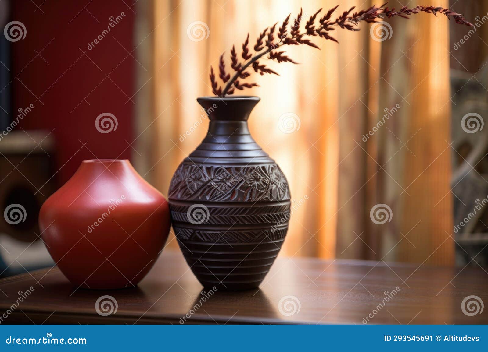 Basic Pottery Piece beside an Elaborate Vase Stock Image - Image of ...