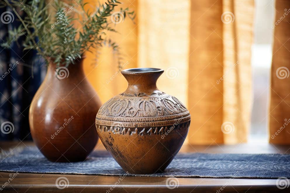 Basic Pottery Piece beside an Elaborate Vase Stock Image - Image of ...