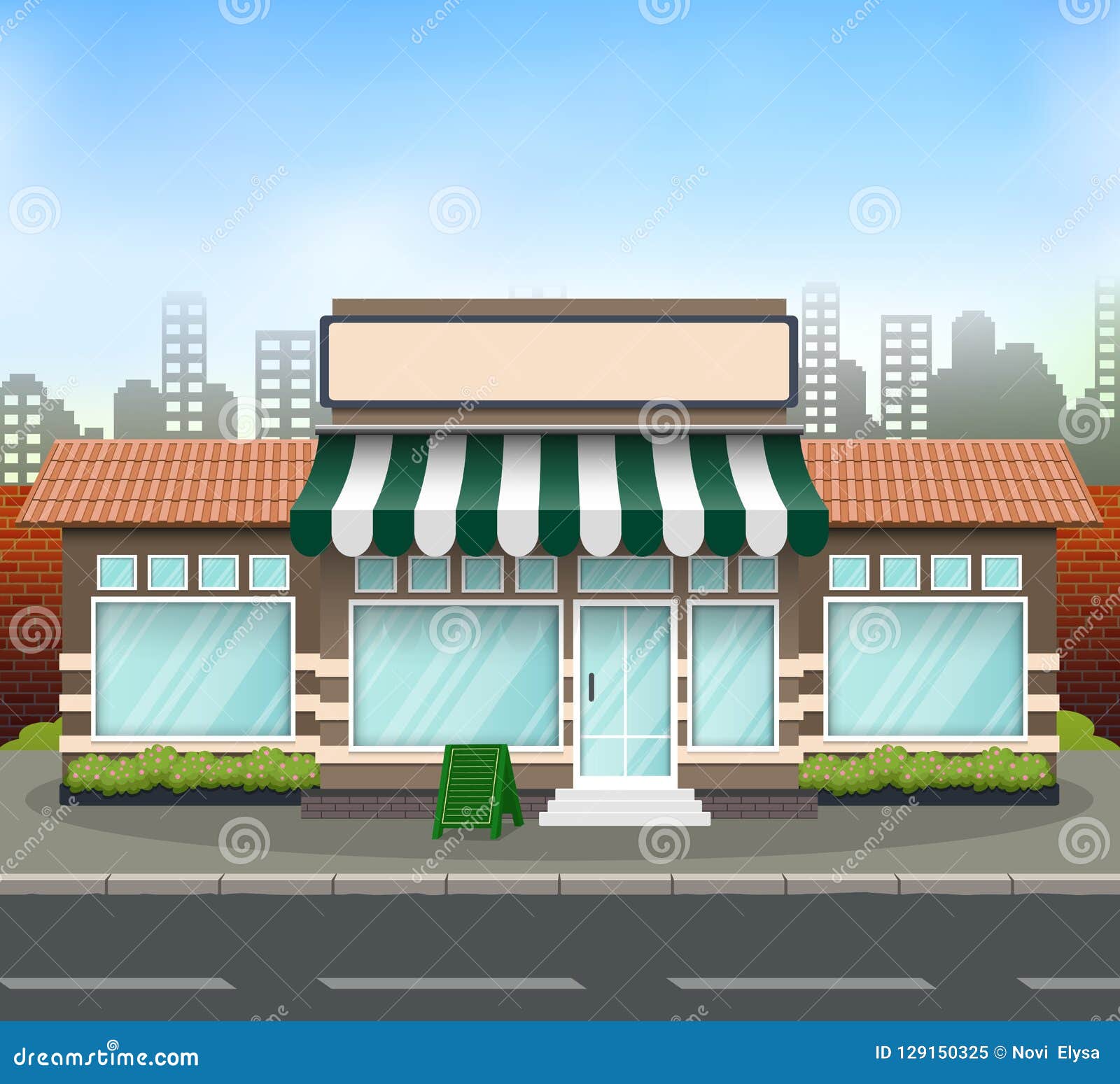 Brick Store Building Design with Green Awning Stock Vector ...