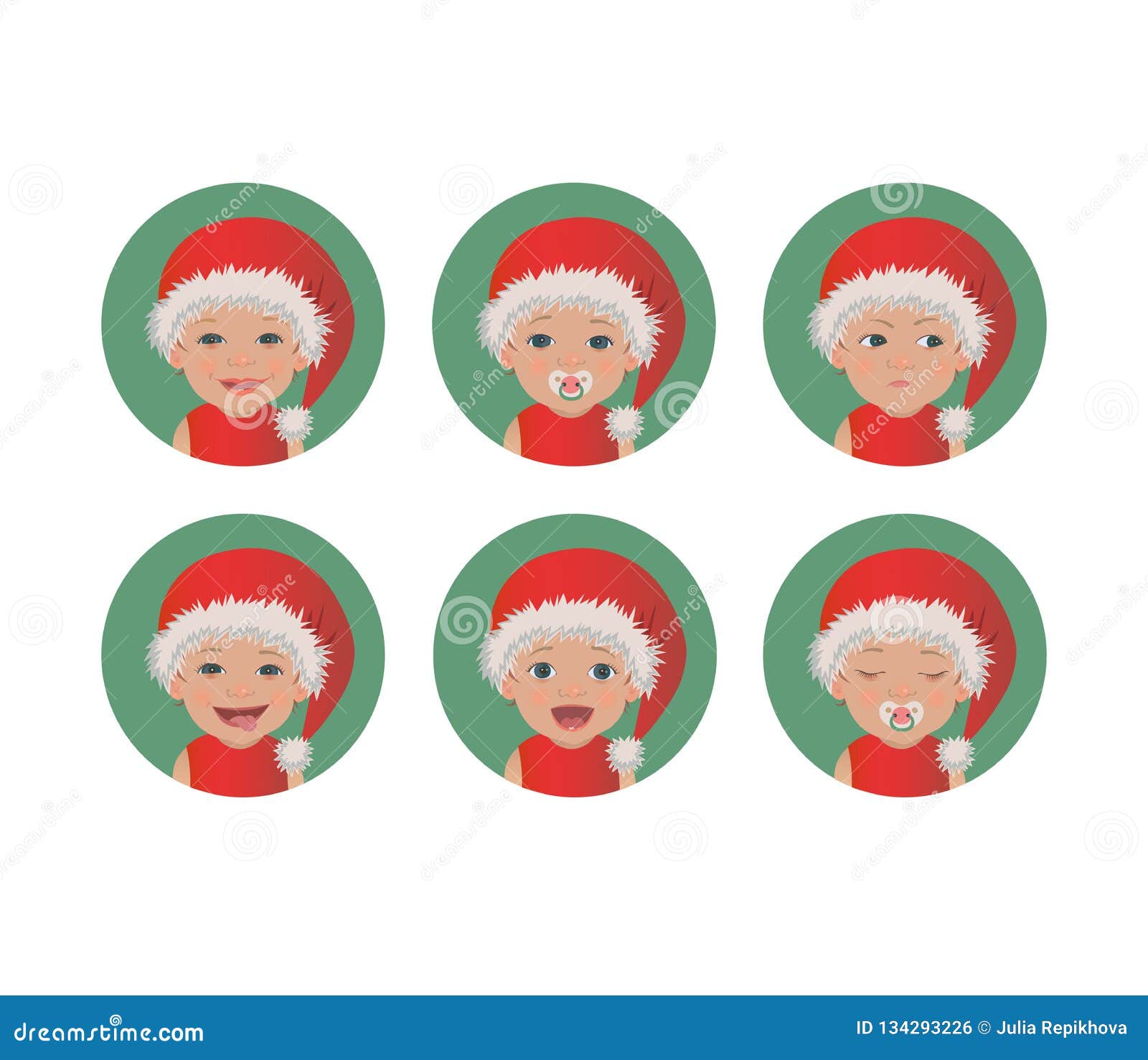 Set of Cute Baby Santa Claus Face Expressions. Happy Christmas Child in ...