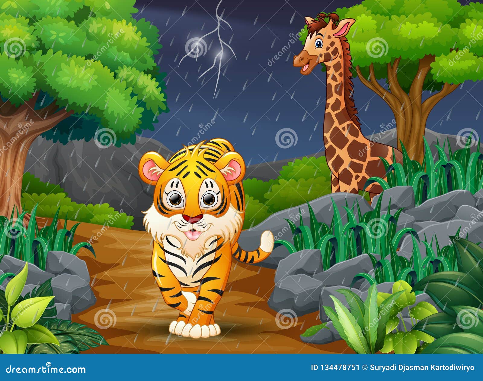 Cartoon a Tiger and Giraffe in a Forest Under the Rain Stock Vector ...