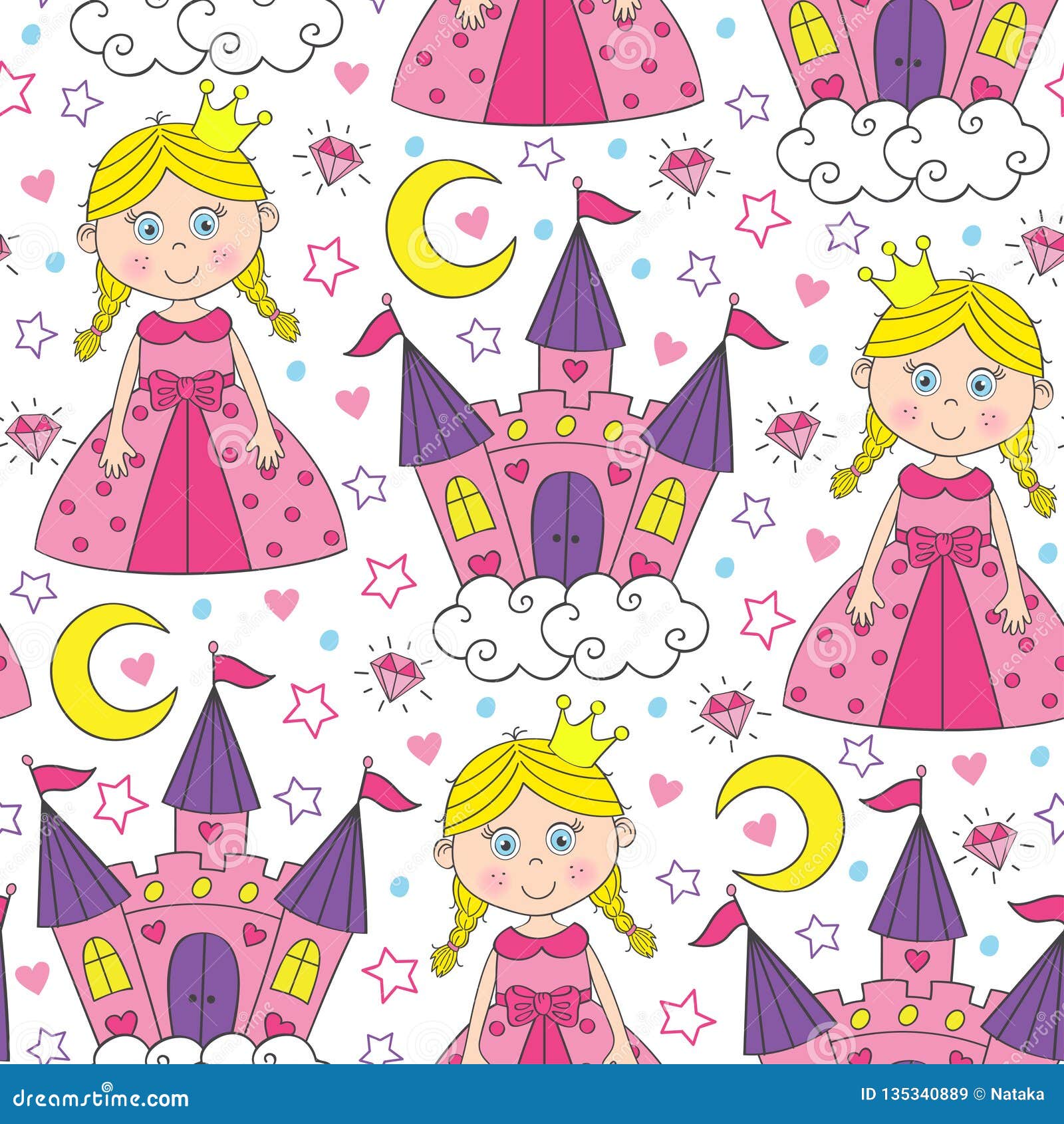 Seamless Pattern with Beautiful Princess and Castle Stock Vector ...