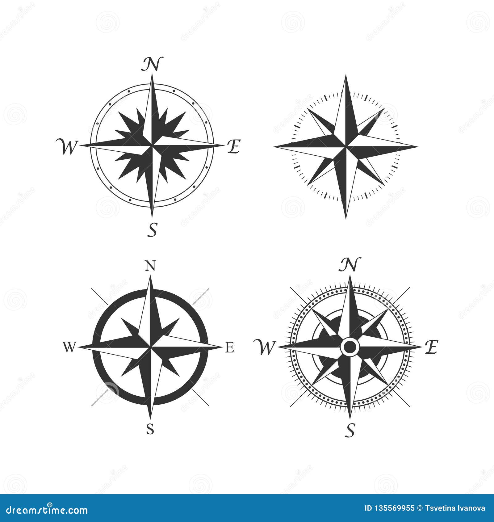 Old Compass Vintage Style Black Vector Set. Stock Vector - Illustration ...