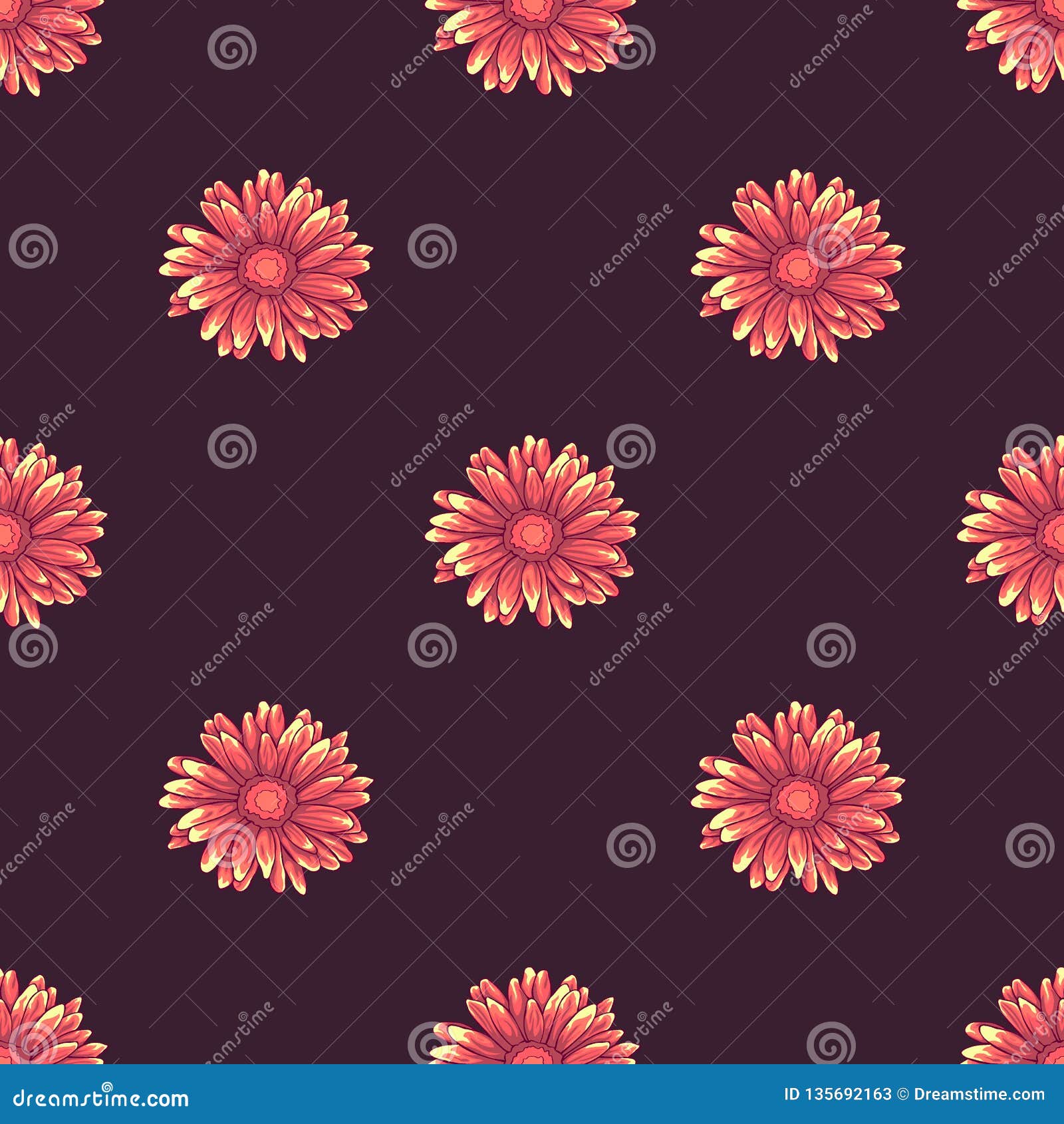 Seamless Pattern with Pink and Orange Daisy Flowers on Dark Violet ...