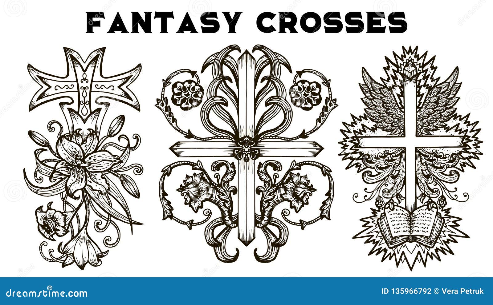 Design Set with Fantasy Crosses with Baroque Pattern, Flowers and Wings ...
