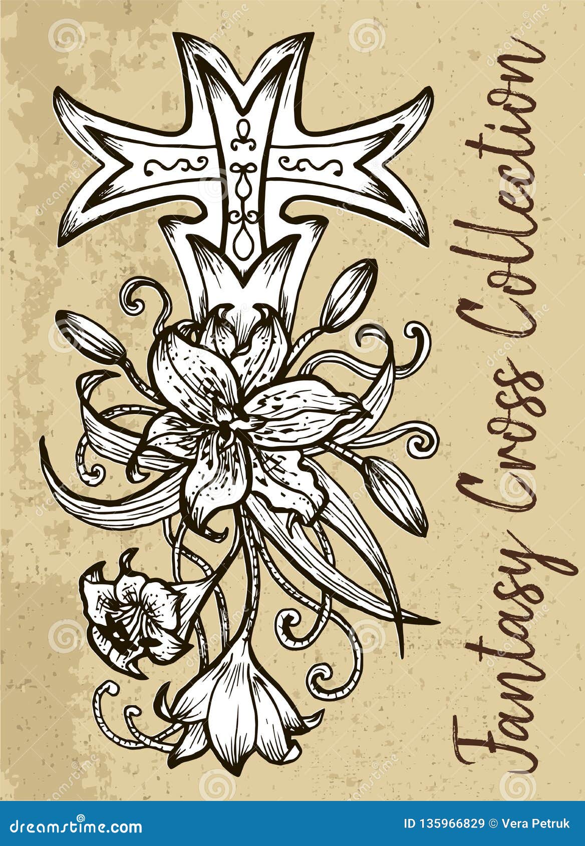 Fantasy Cross with Lily Flower on Texture Background Stock Vector ...