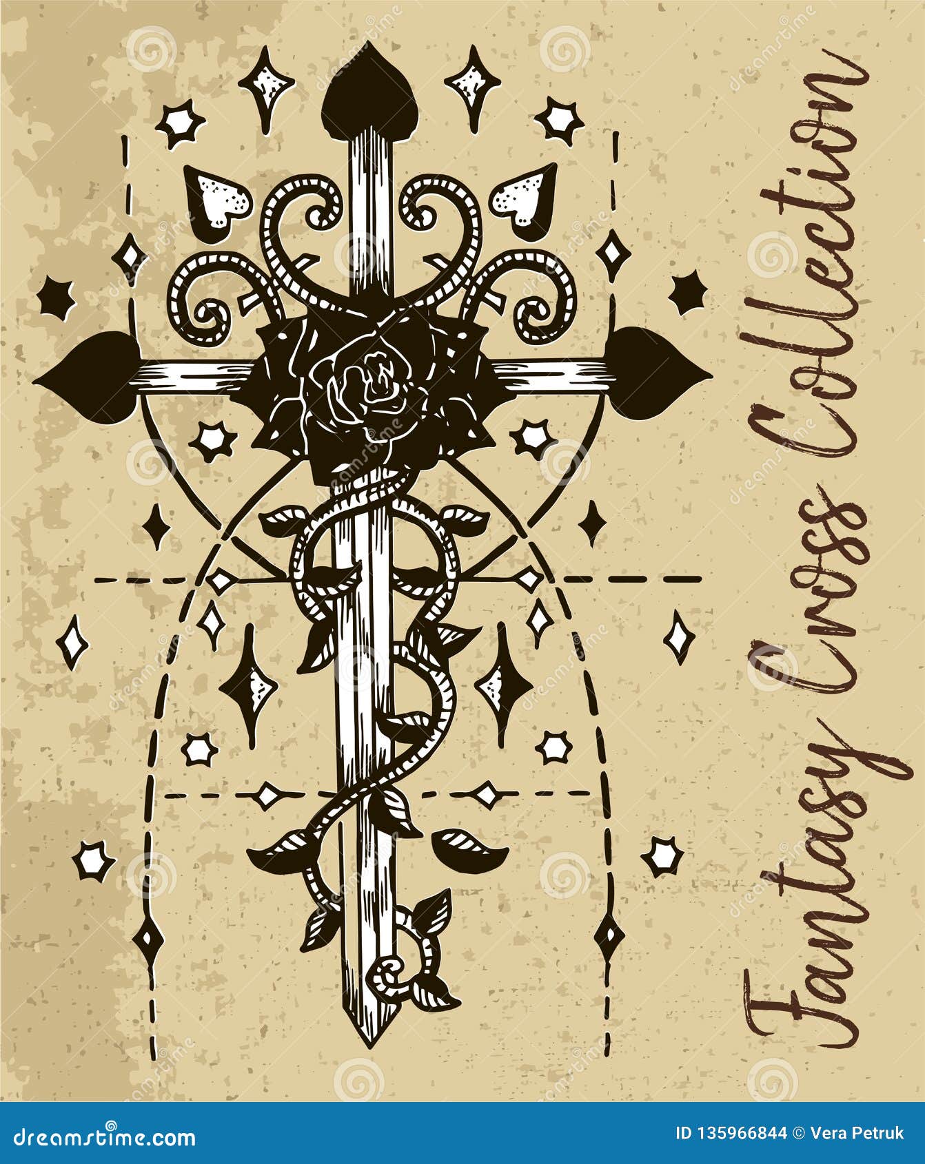 Fantasy Cross with Rose Flower, Sacred Geometry Pattern and Stars Stock ...