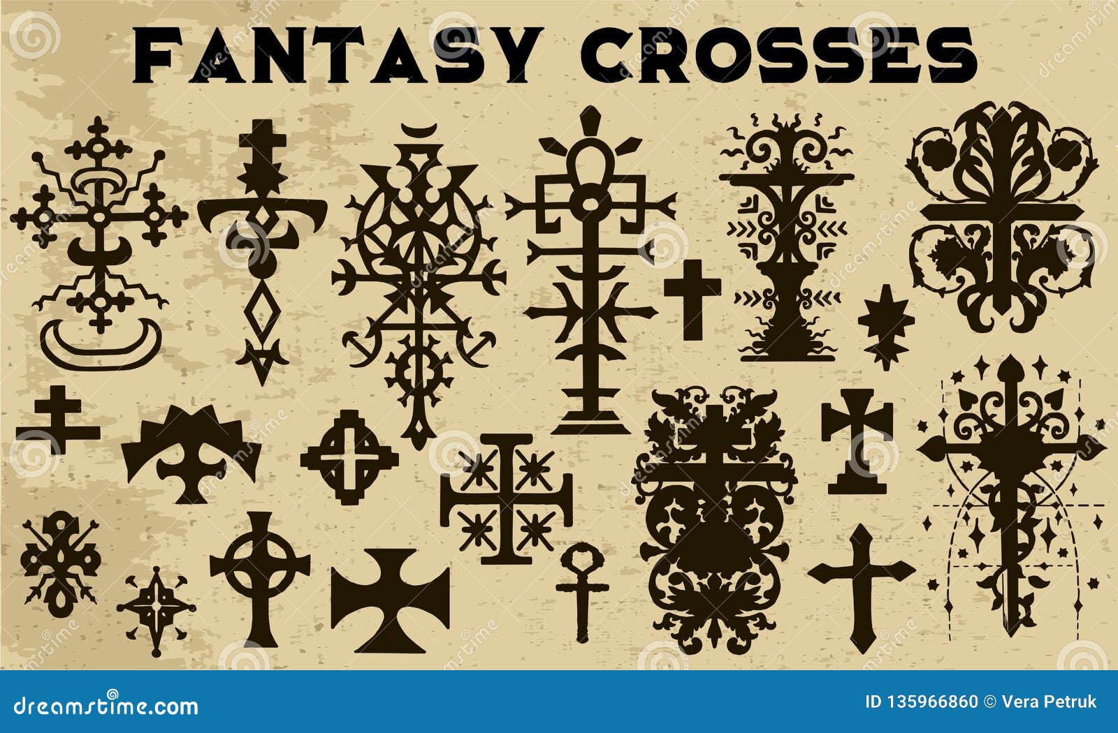 Design Collection with Black Silhouettes of Fantasy Crosses. Stock ...