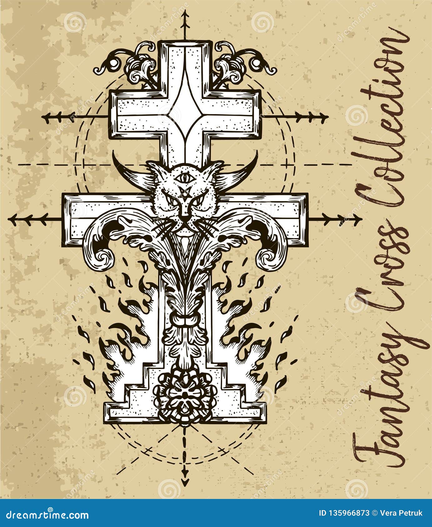 Fantasy Cross with Evil Can, Hell Flame and Sacred Geometry Pattern ...