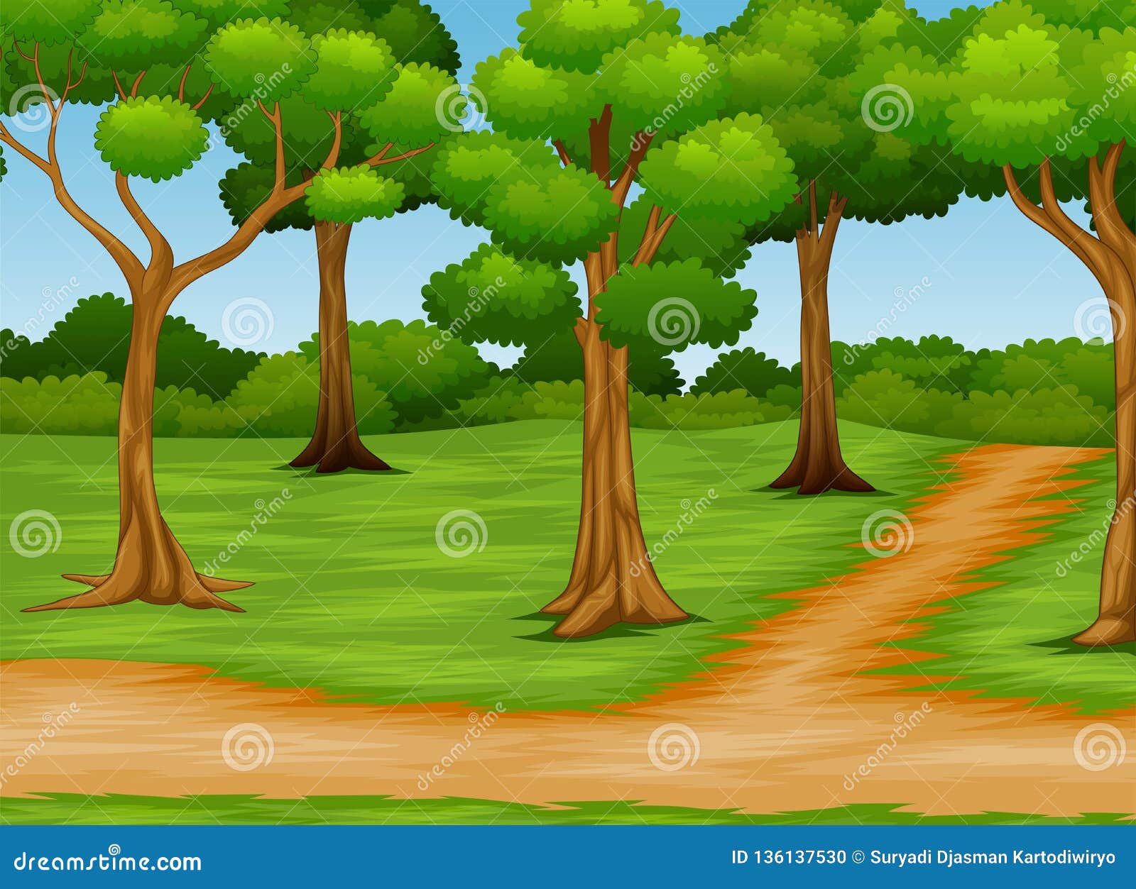 Cartoon of Forest Scene with Dirt Road Stock Vector - Illustration of ...