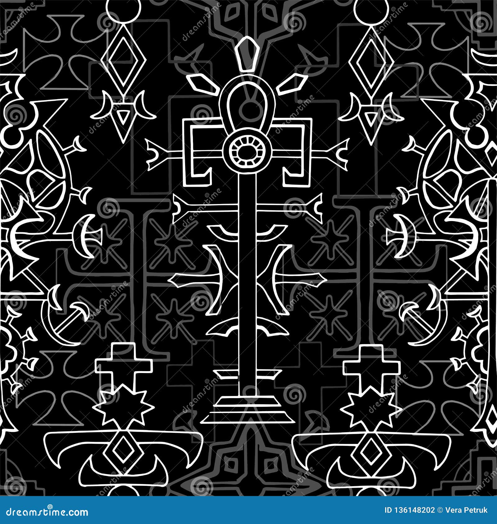 Seamless Pattern with White Gothic Fantasy Crosses on Black Stock ...