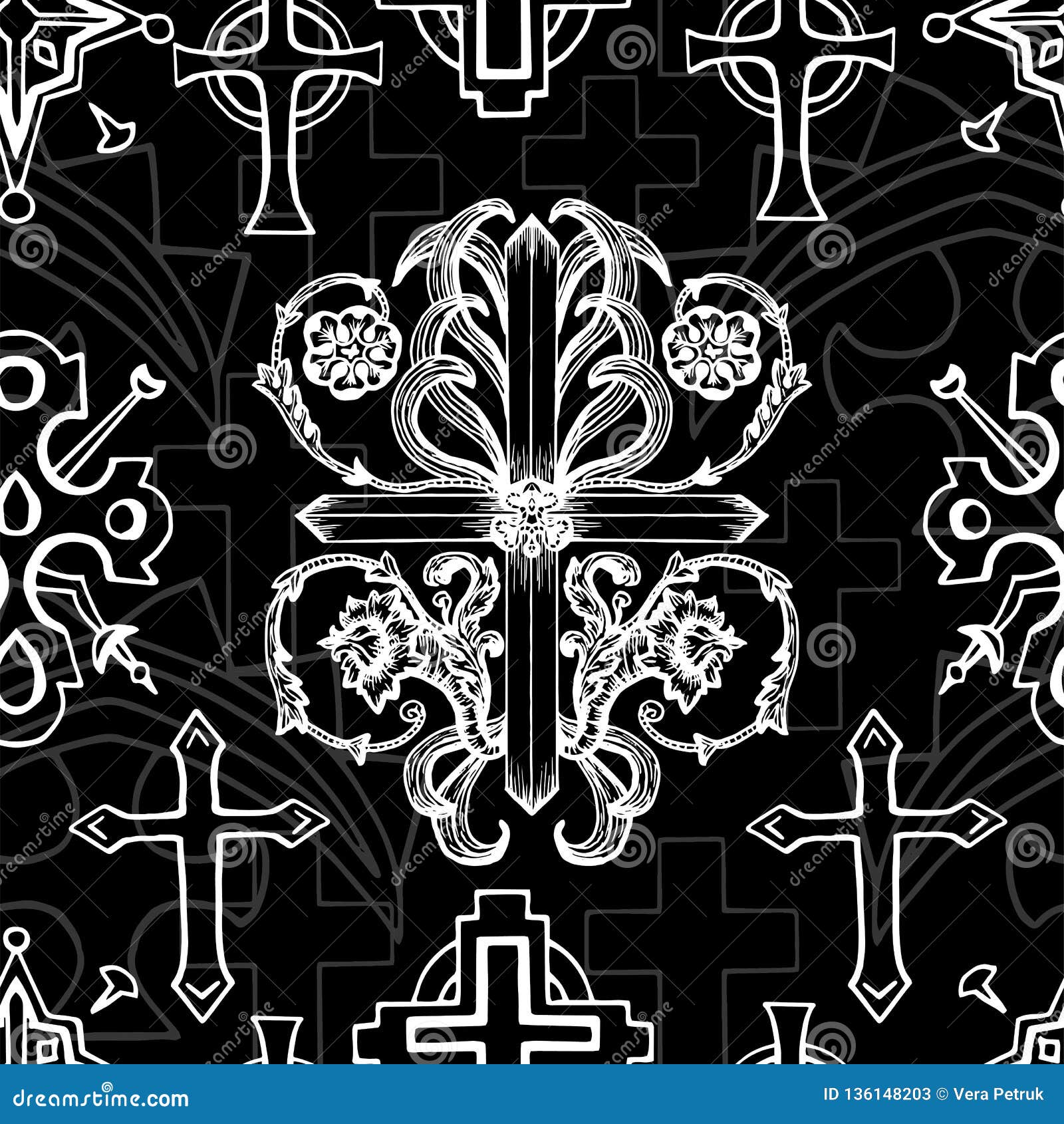 Seamless Pattern with White Baroque Fantasy Cross on Black Stock Vector ...