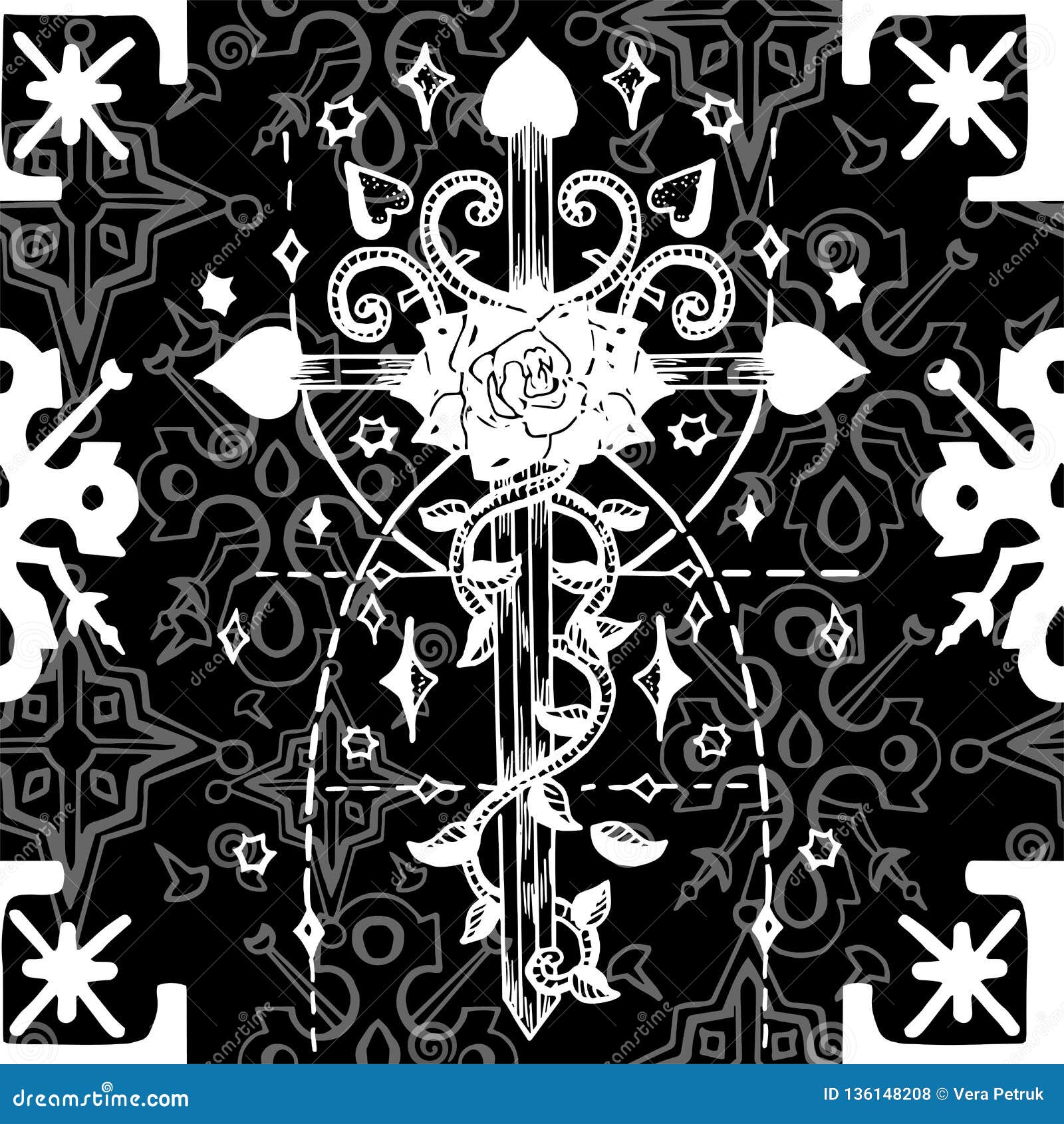 Seamless Pattern with Fantasy Crosses with Flowers and Stars on Black ...