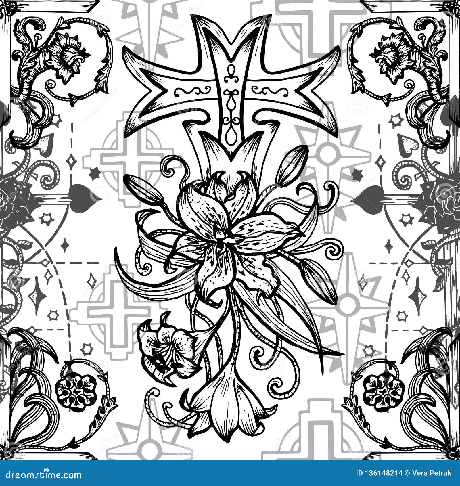 Seamless Pattern with Fantasy Crosses and Sacred Geometry Emblems on ...