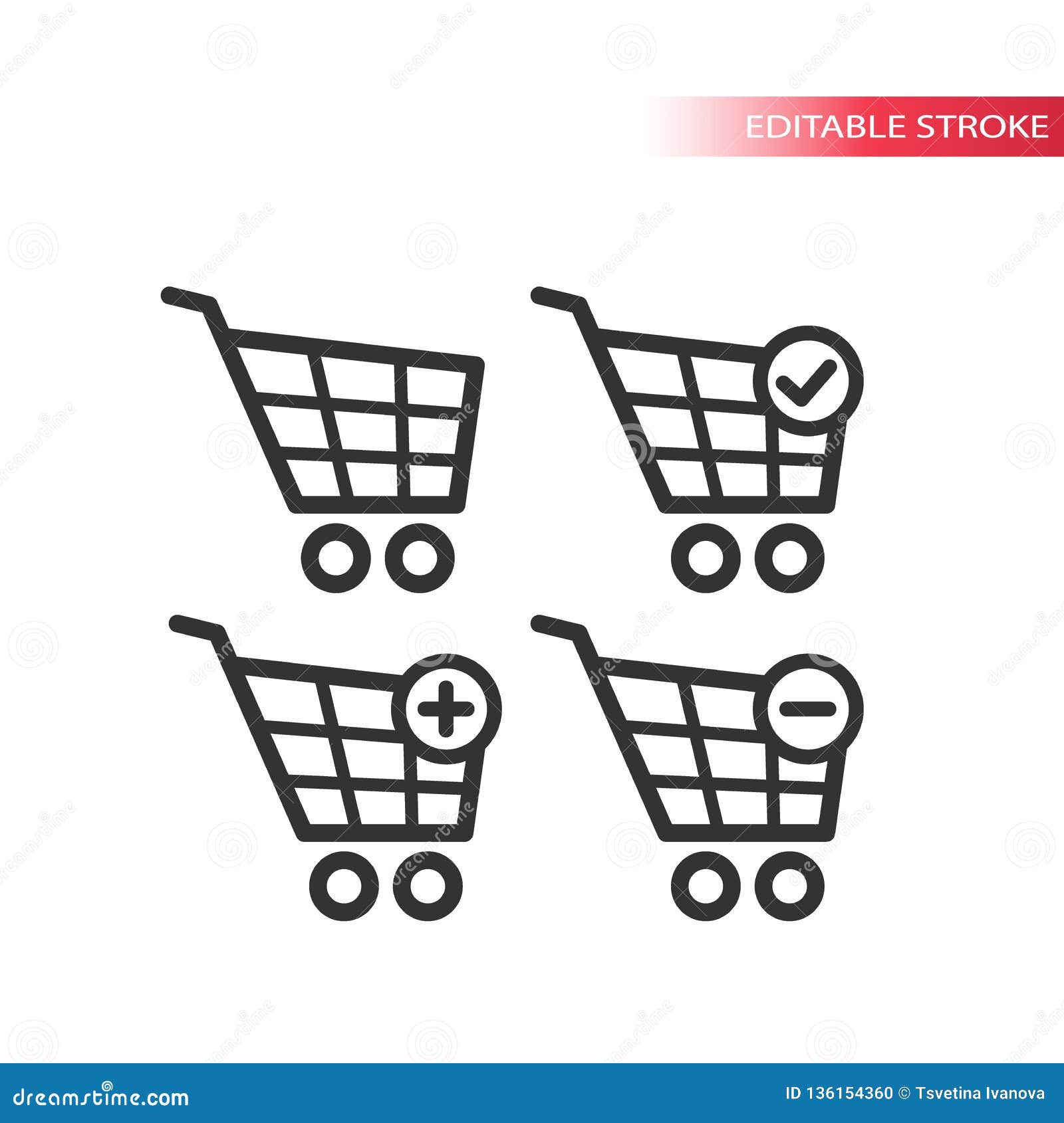Shopping Cart Line Vector Icon Set. Shopping Cart with Plus, Minus and ...