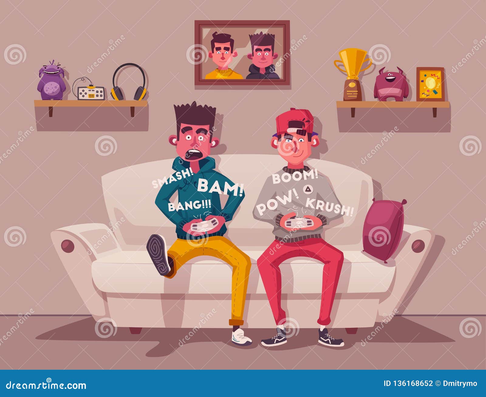 Friends is Gaming. Gamers Playing Video Game. Cartoon Vector ...