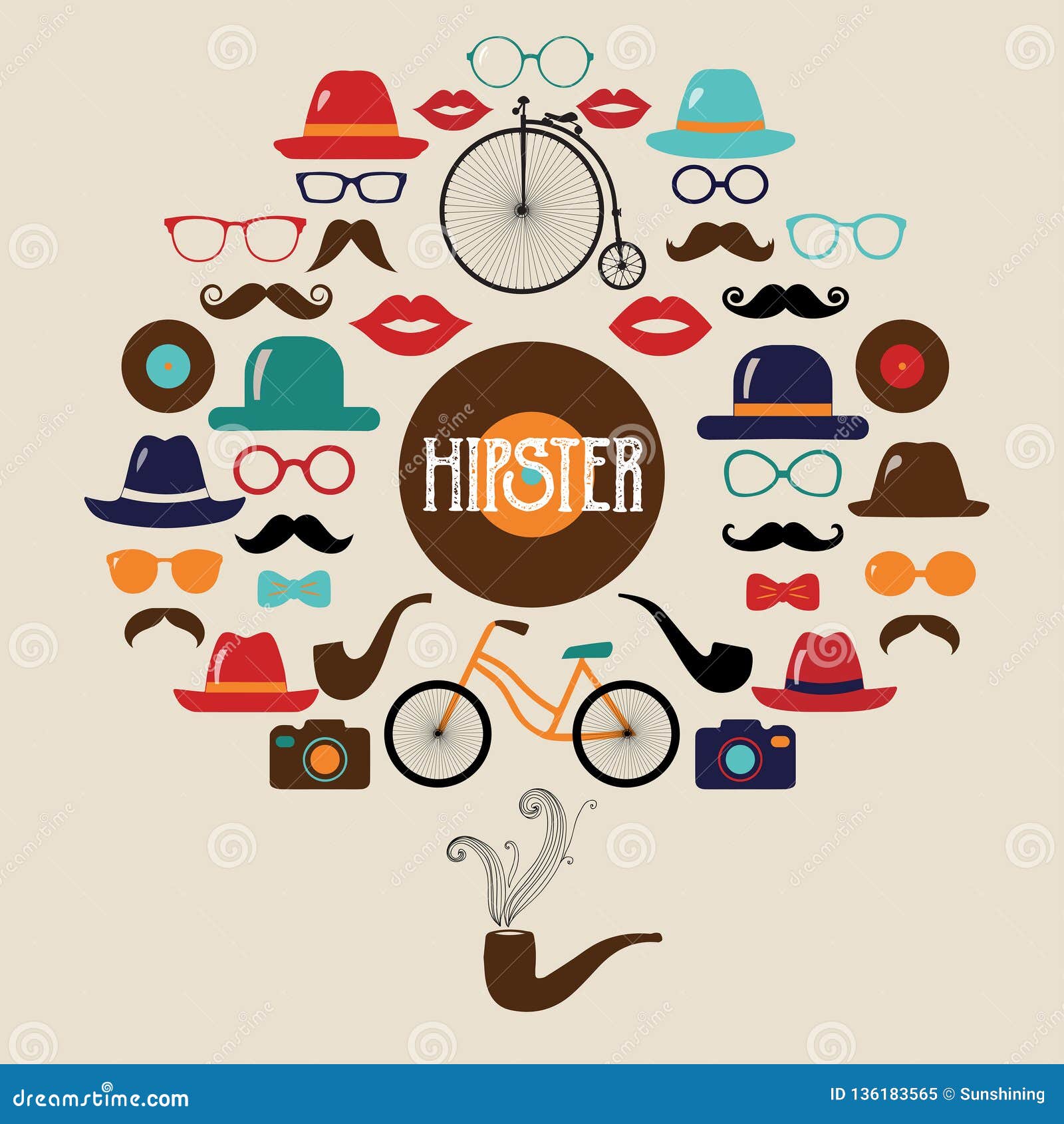 Hipster Colorful Retro Vintage Vector Icon. Illustrations of Hats ...