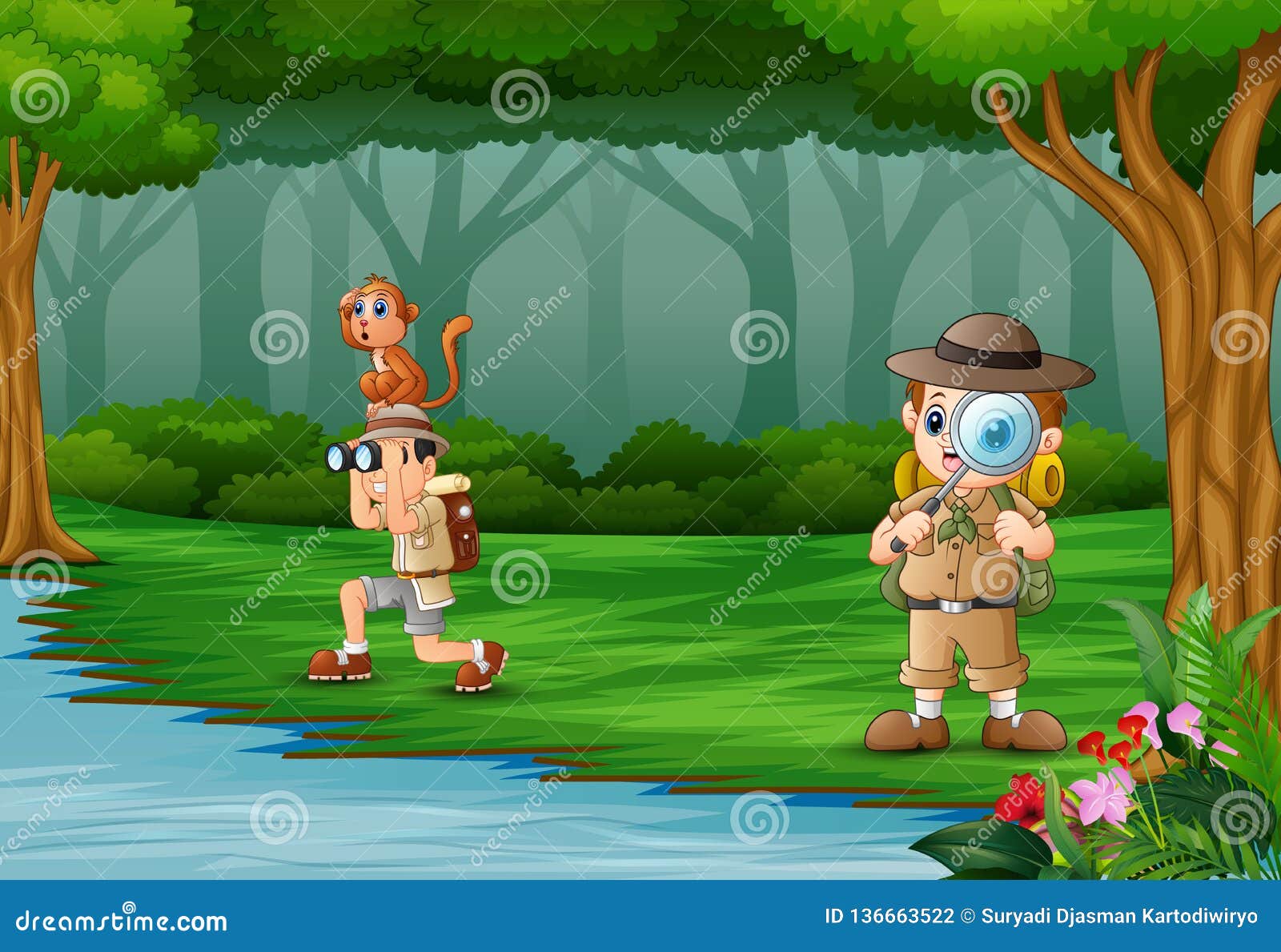 Cartoon Two Boys Explorer in a Forest Stock Vector - Illustration of ...