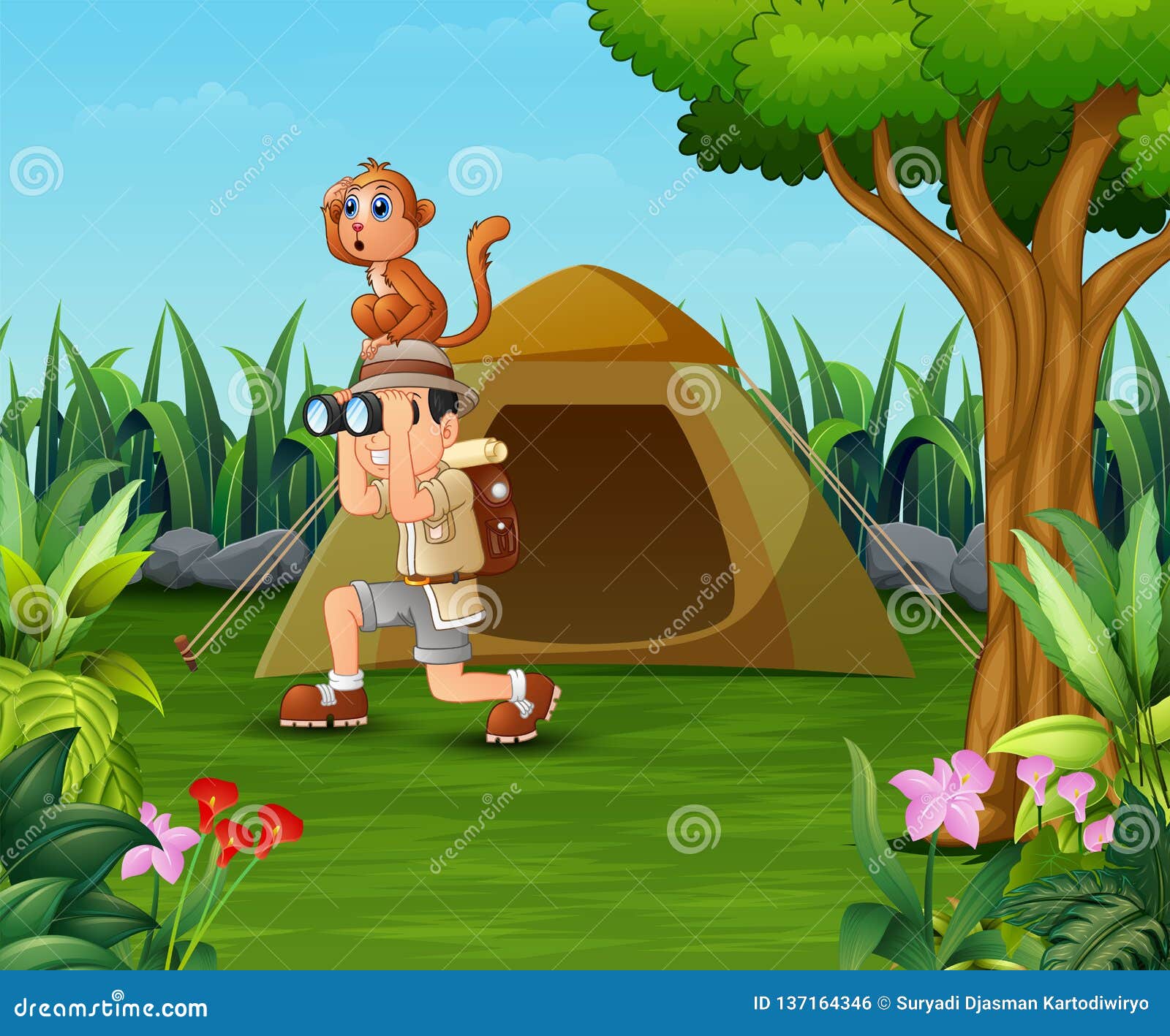 Zookeeper Boy and His Monkey Camping in the Beautiful Park Stock Vector ...