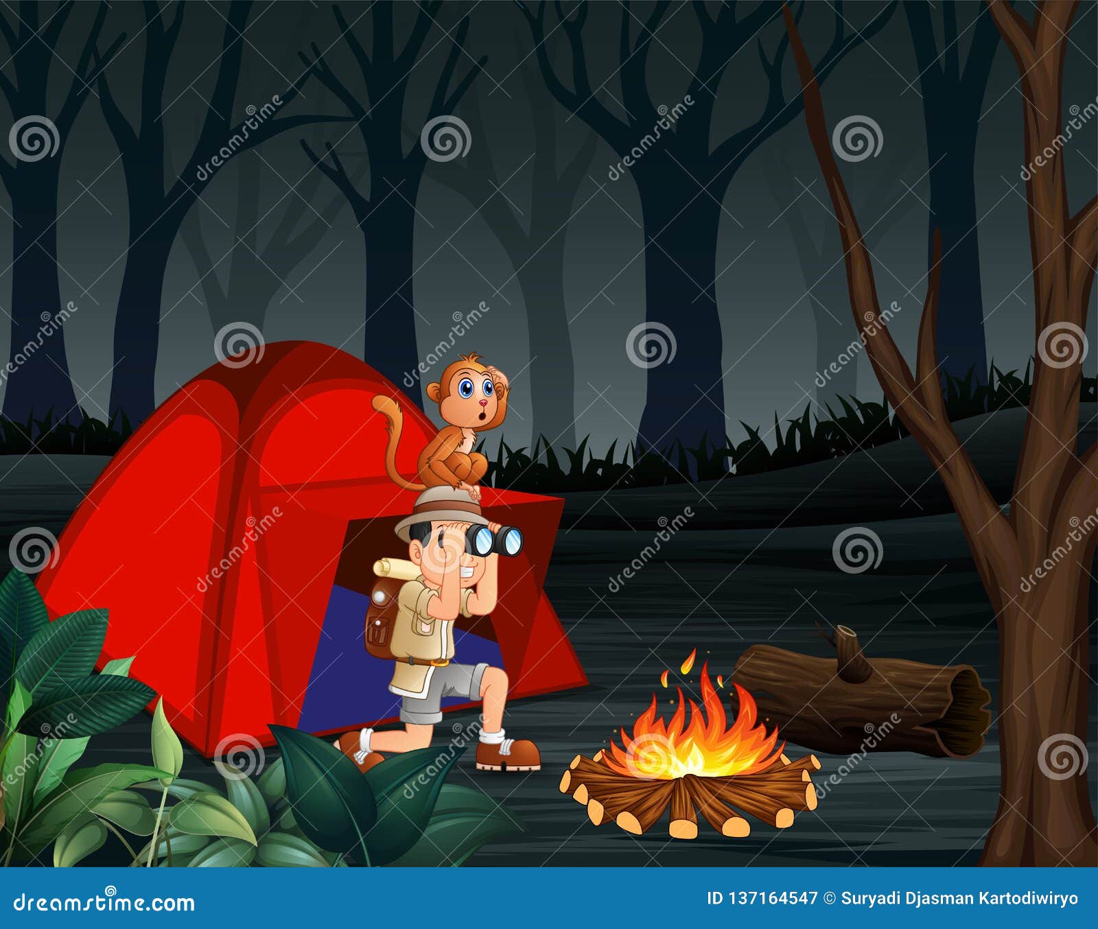Zookeeper Boy and His Monkey Camping in a Dark Forest Stock Vector ...