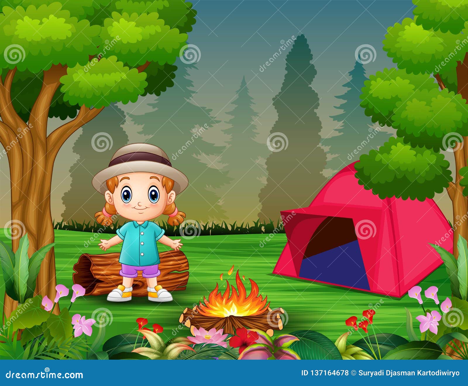 Cartoon a Little Girl Camping in a Forest Stock Vector - Illustration ...
