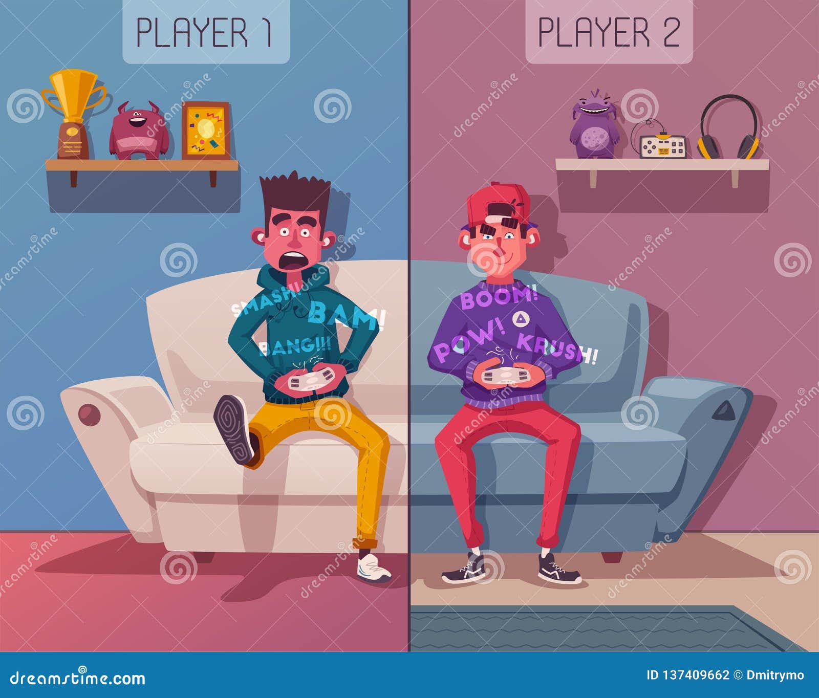 Friends is Gaming. Gamers Playing Video Game. Cartoon Vector ...