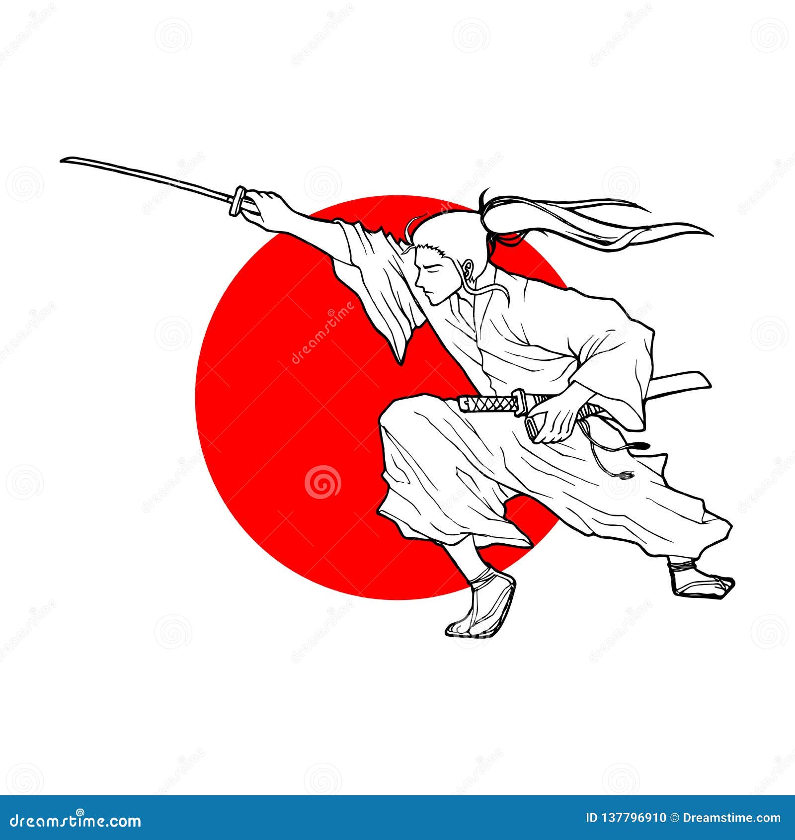 Long Hair Samurai Slashing Position Stock Illustration - Illustration ...