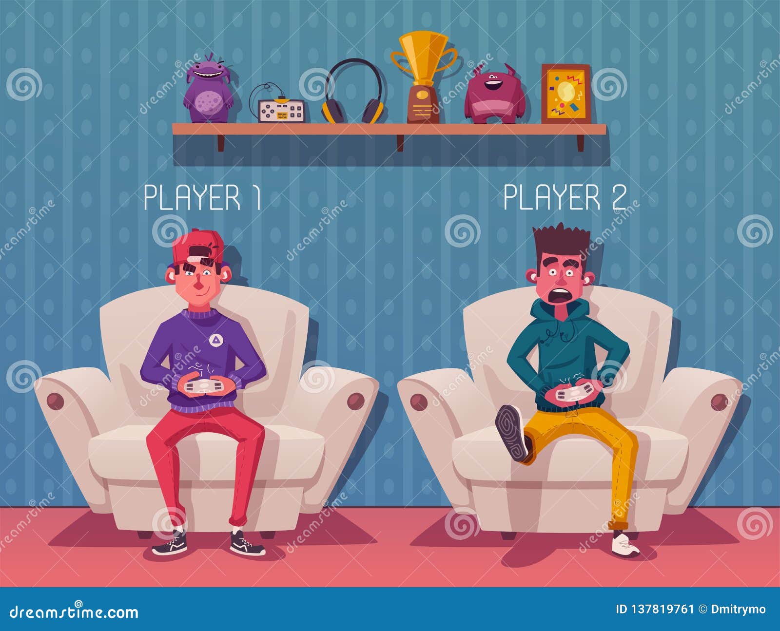 Friends is Gaming. Gamers Playing Video Game. Cartoon Vector ...